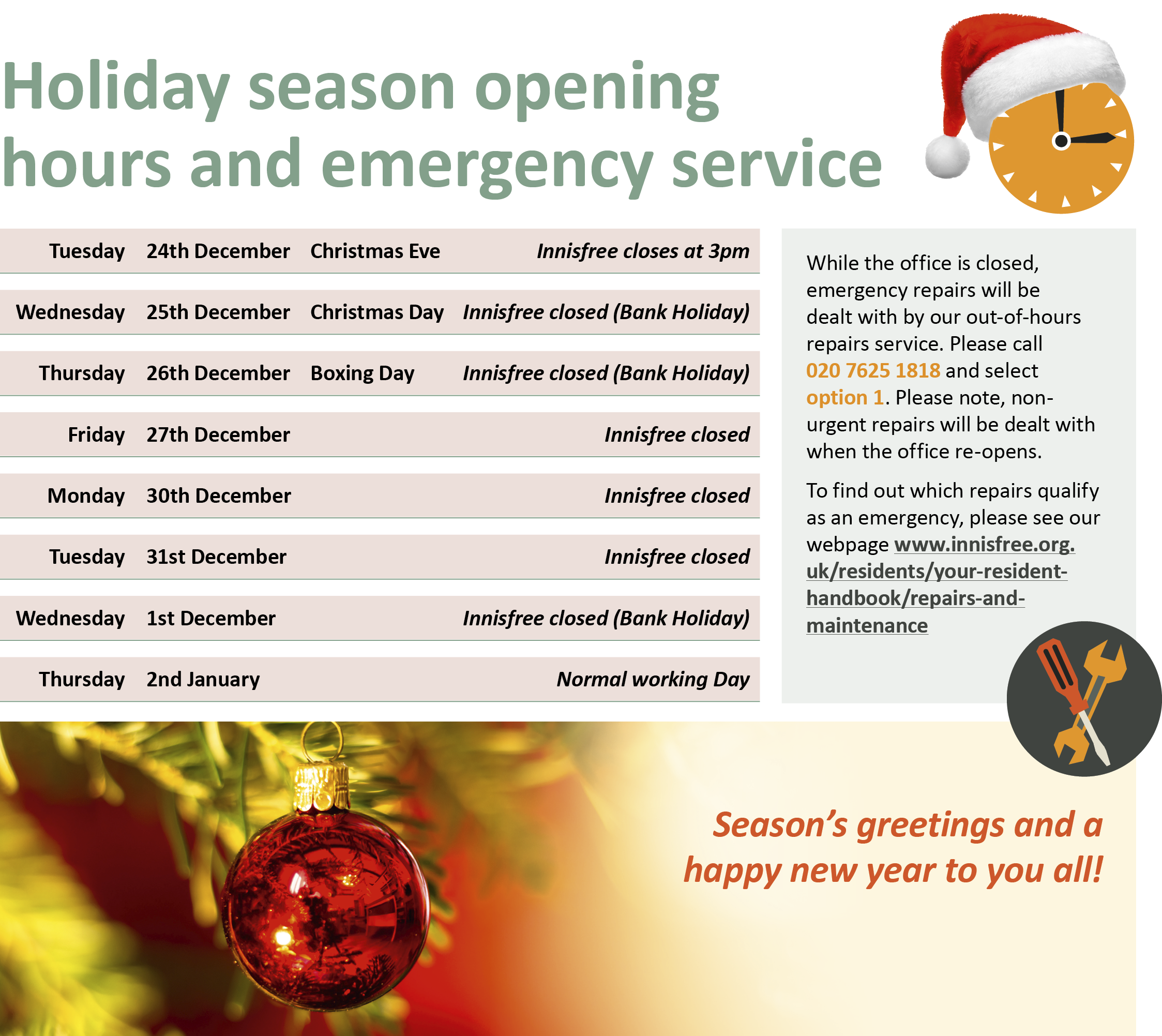 Christmas opening hours - Innisfree